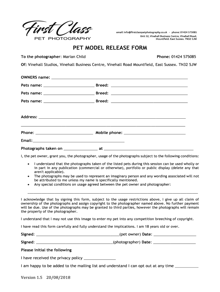 Fillable Online PET MODEL RELEASE FORM Fax Email Print - pdfFiller