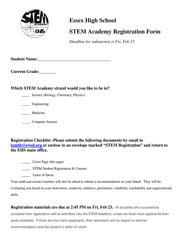 Fillable Online Essex High School STEM Academy Registration Form Fax Email Print - pdfFiller