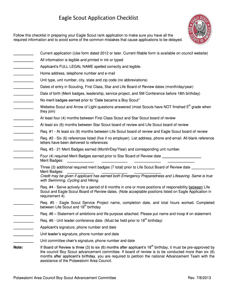 Fillable Online Eagle Scout Application Checklist - Potawatomi Area Council Fax Email Print ...