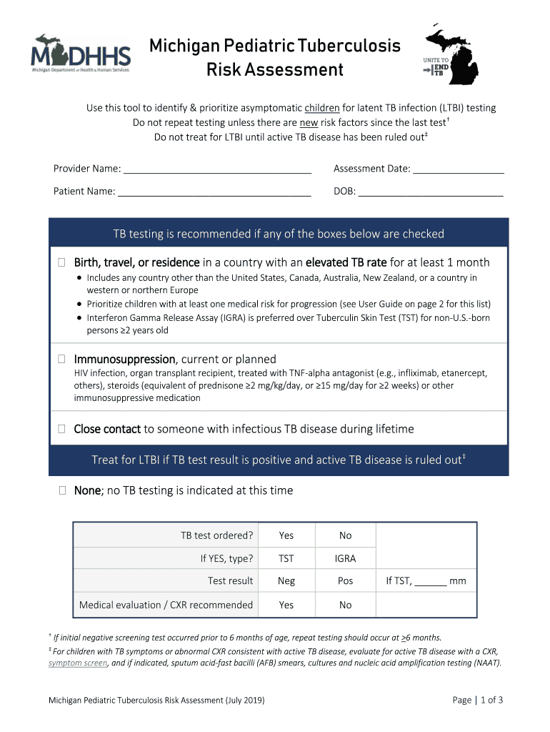 Fillable Online Michigan Pediatric Tuberculosis Risk Assessment - State ...