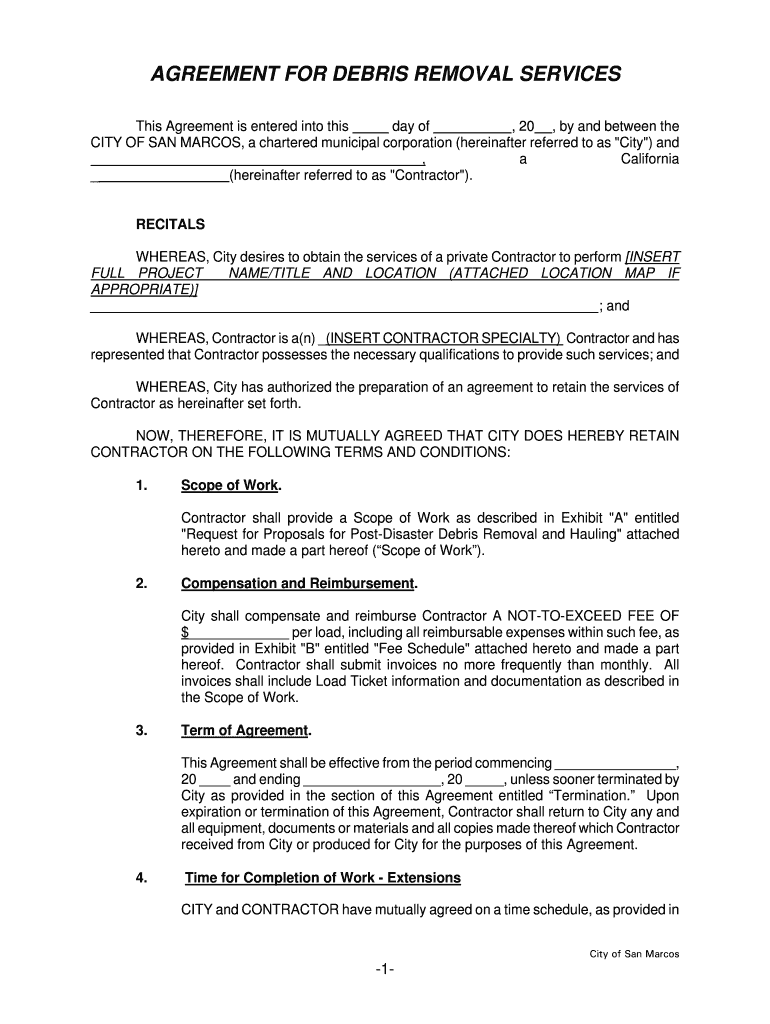 Fillable Online AGREEMENT FOR DEBRIS REMOVAL SERVICES Fax Email Print ...