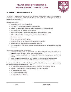 Fillable Online player code of conduct & photography consent form Fax ...