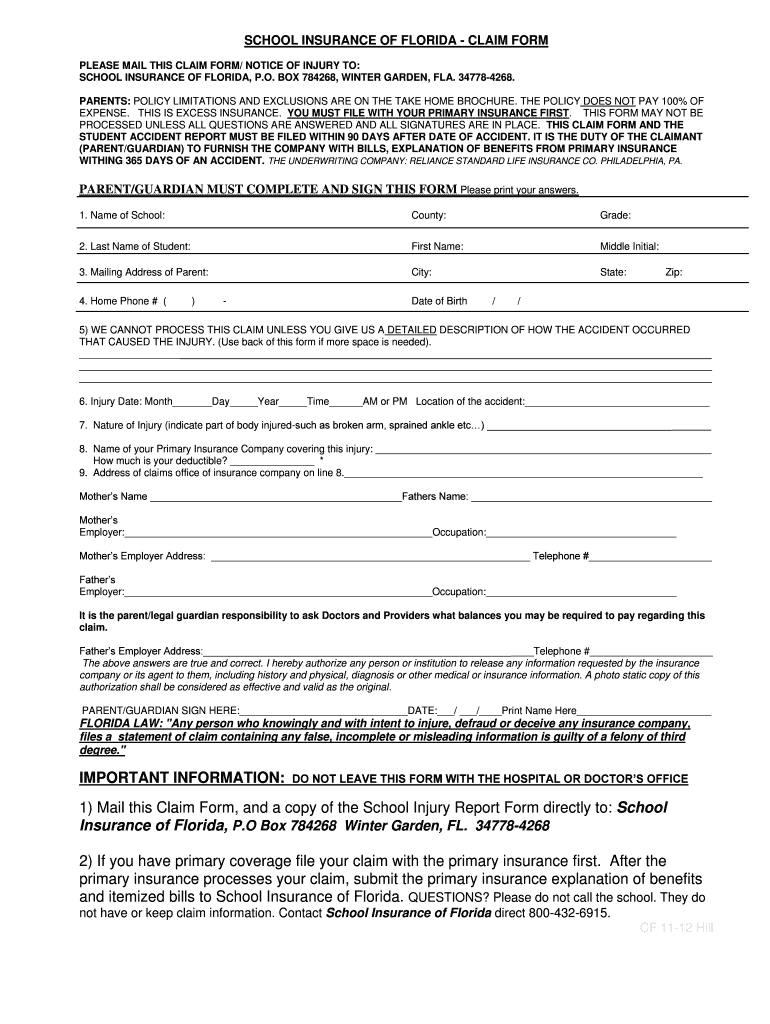 Fillable Online 1) Mail this Claim Form, and a copy of the School ...