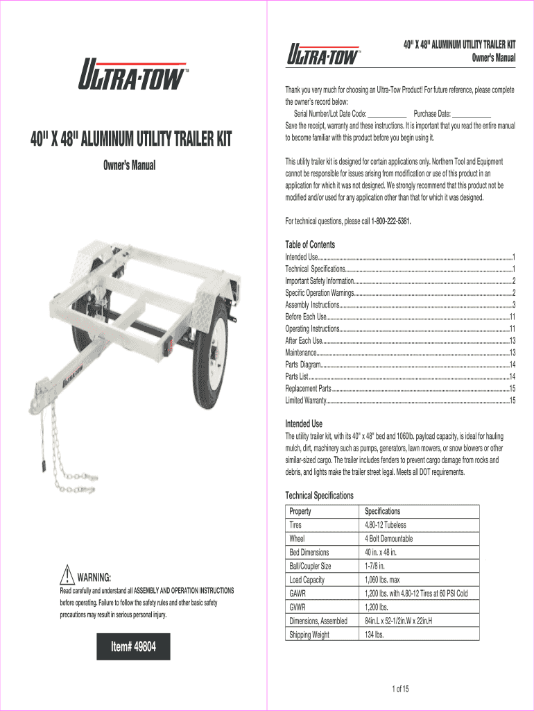 Fillable Online ultra tow 40in x 48in aluminum utility trailer kit Fax ...
