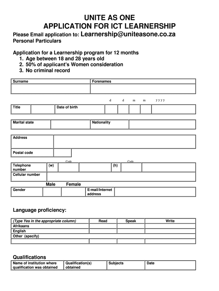 UNITE AS ONE APPLICATION FOR ICT LEARNERSHIP Fill And Sign Printable 