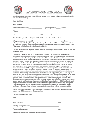 Fillable Online This form is for the consent and approval for Boy Scouts, Varsity Scouts, and ...