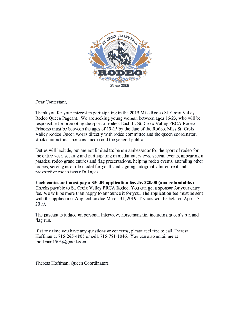 Fillable Online Miss St. Croix Valley PRCA Rodeo Queen & Jr ...