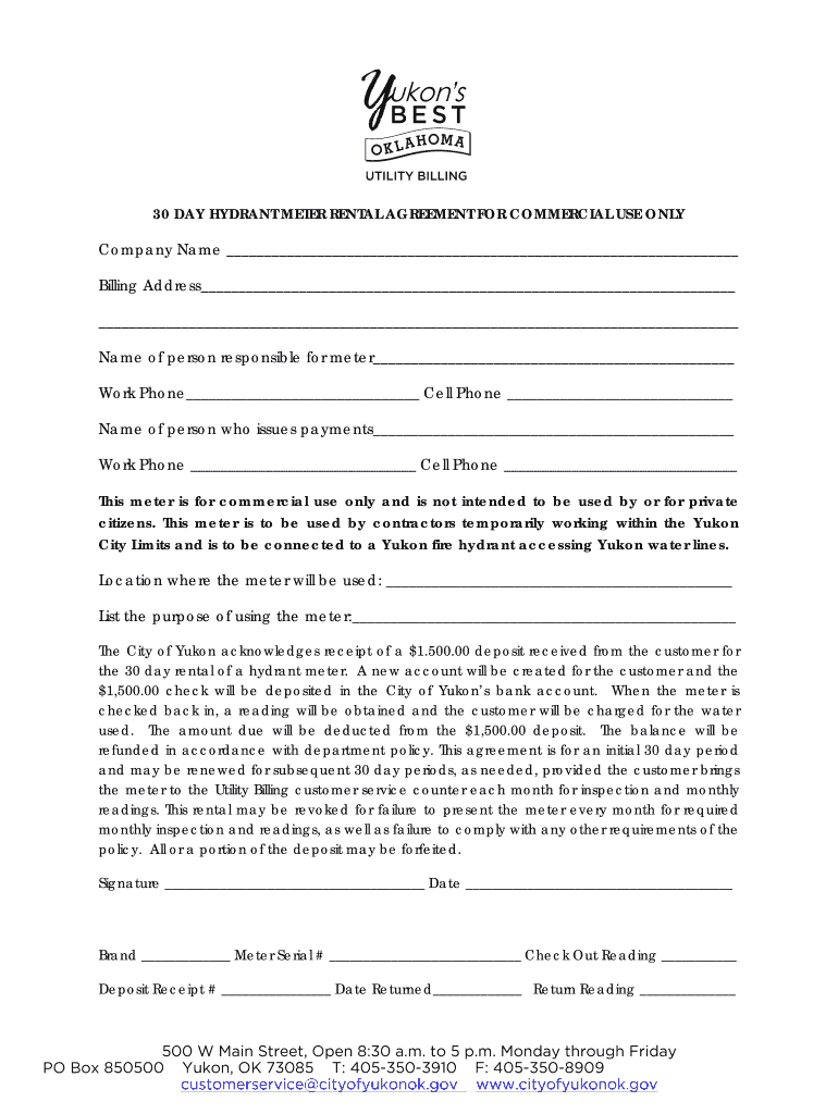 Fillable Online 30 DAY HYDRANT METER RENTAL AGREEMENT FOR COMMERCIAL ...