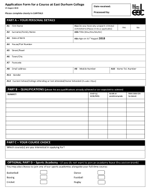 Fillable Online Application Form for a Course at East Durham College ...