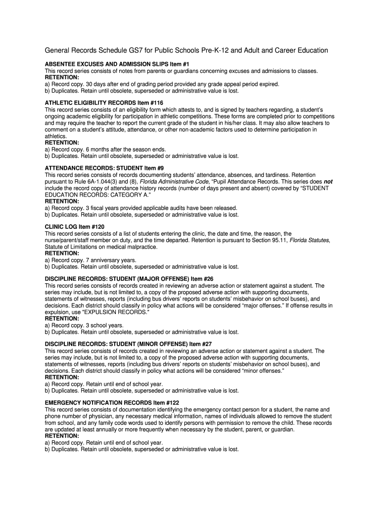 Fillable Online General Records Schedule GS7 for Public Schools Pre-K ...