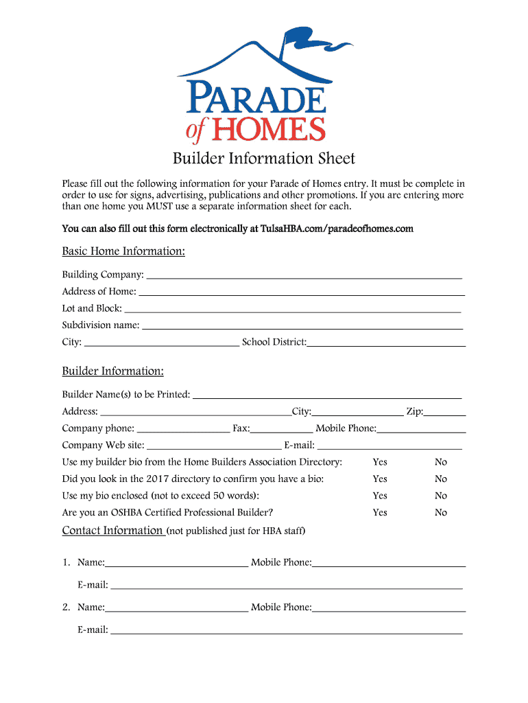 Fillable Online Builder Information Sheet - HBA Of Greater ... - Fill ...
