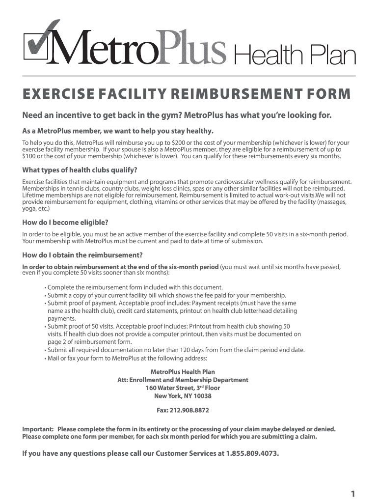 Fillable Online Get the EXERCISE FACILITY REIMBURSEMENT FORM - metroplus.org Fax Email Print ...