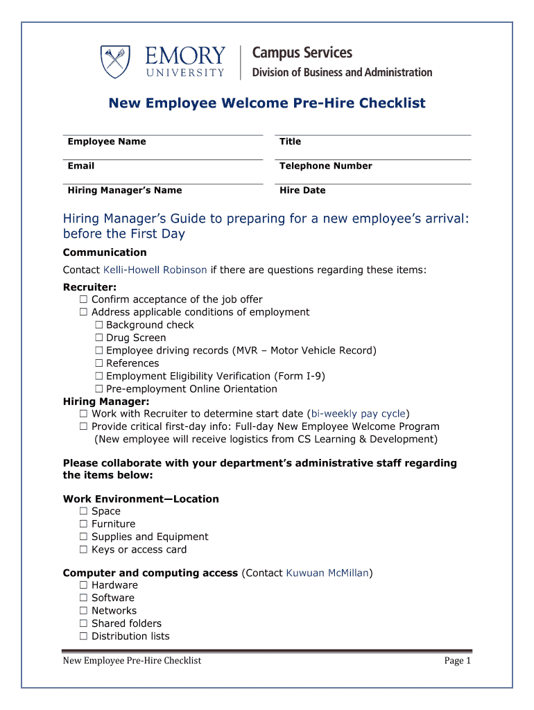 Fillable Online New Employee Welcome Pre-Hire Checklist Fax Email Print ...