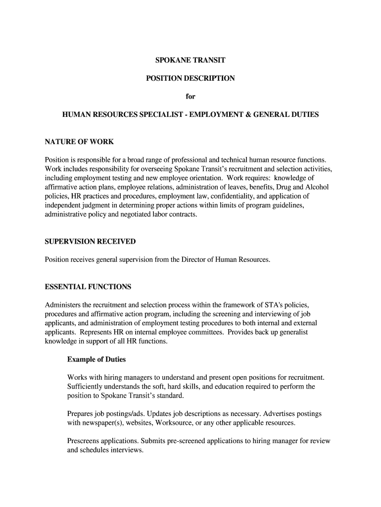 Fillable Online Human Resources (HR) Specialist Job Description ...