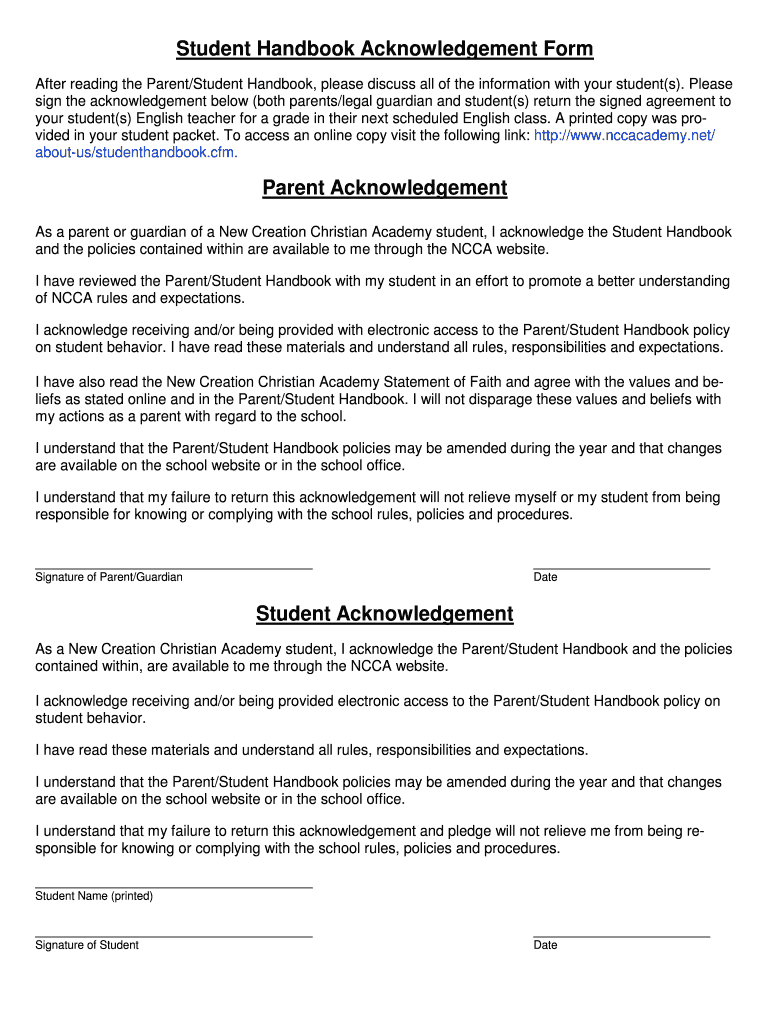 Fillable Online Student Handbook Acknowledgement Form After reading the ...