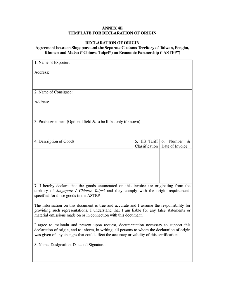 Fillable Online ANNEX 4E TEMPLATE FOR DECLARATION OF ORIGIN DECLARATION ...