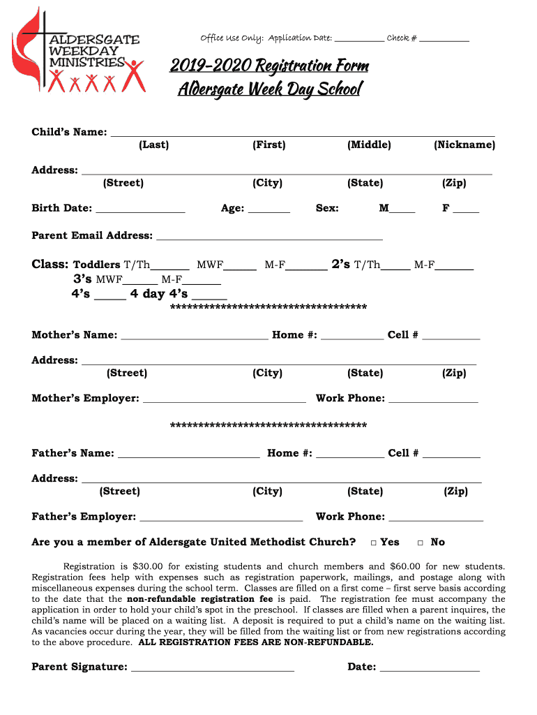 Fillable Online 2019-2020 Preschool Registration Form Aldersgate ...
