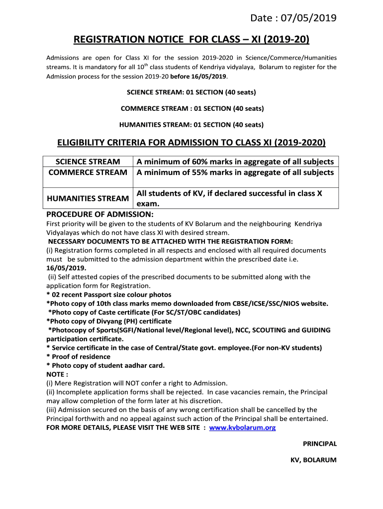 Fillable Online Registration of Students for Admission to Class XI in ...