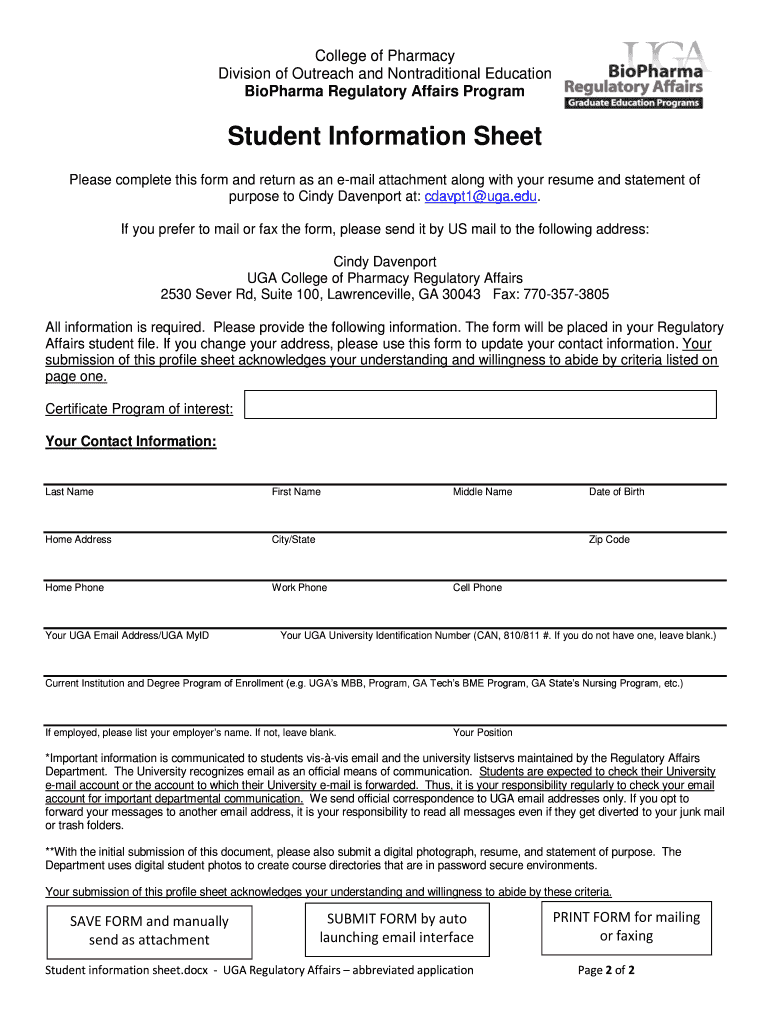 Fillable Online Fillable Online ra rx uga Student Information Sheet ...