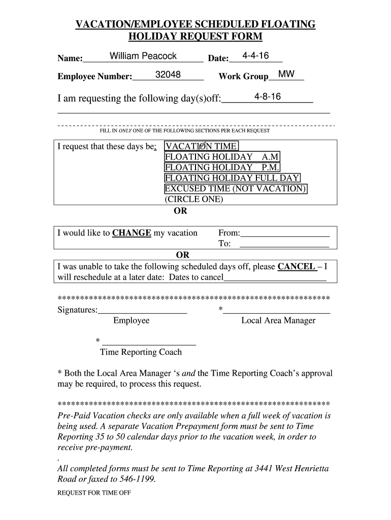 Fillable Online VACATION/EMPLOYEE SCHEDULED FLOATING HOLIDAY ... Fax ...