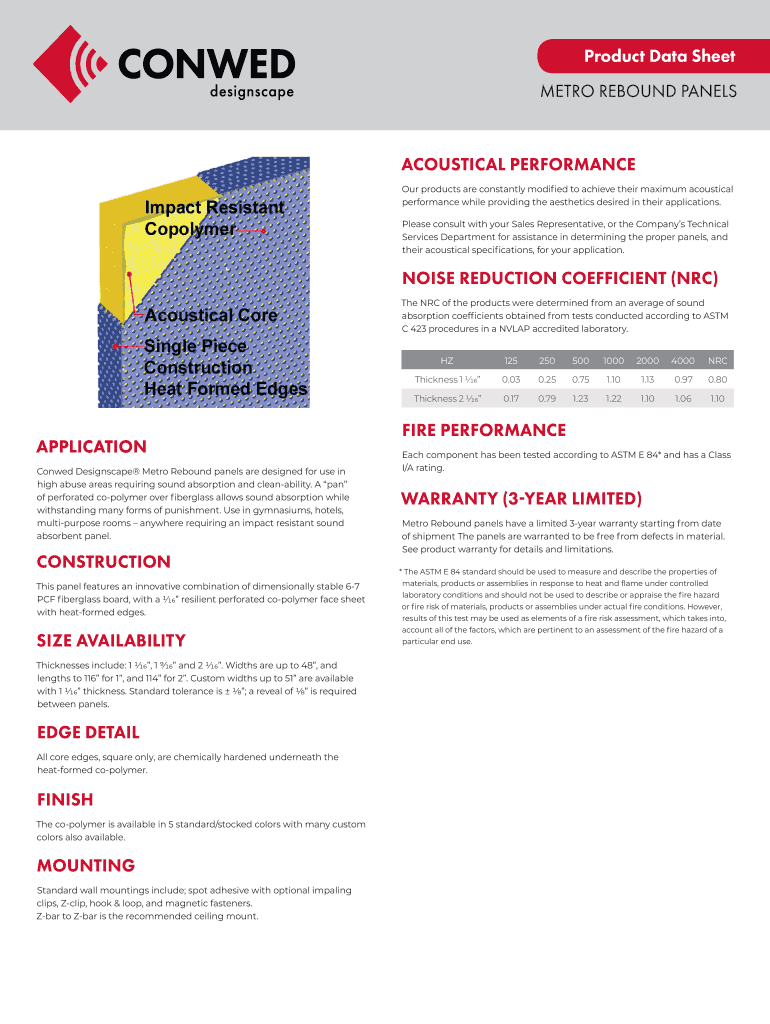 Fillable Online Product Data Sheet METRO REBOUND PANELS ... - Conwed ...