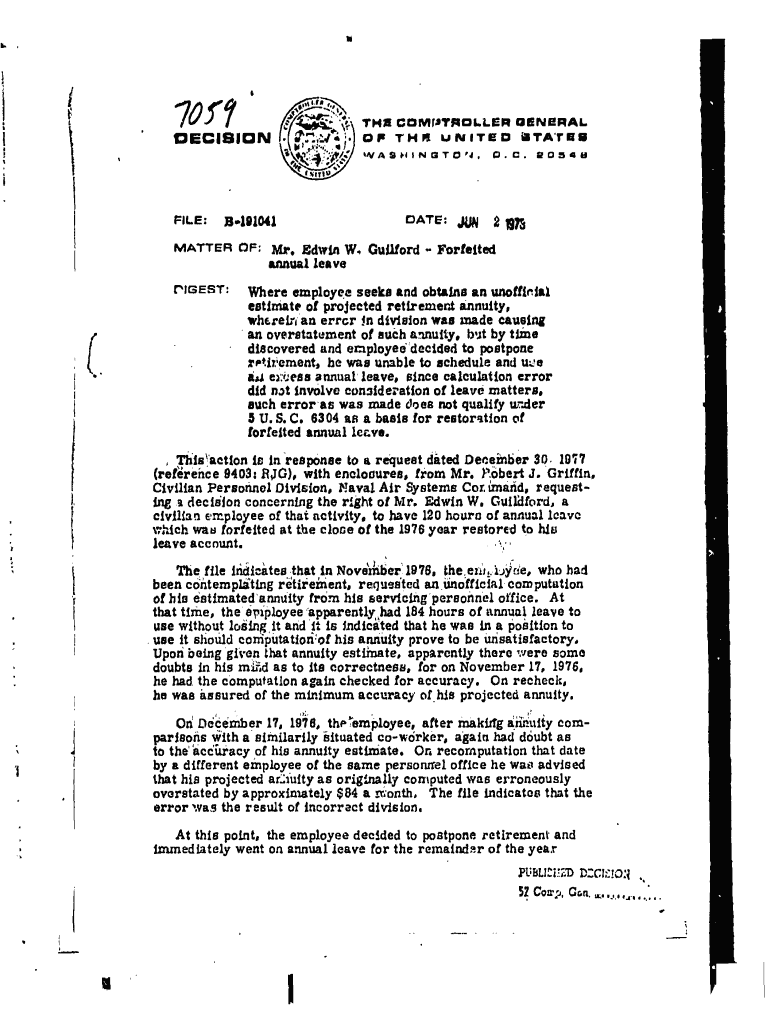 Fillable Online B-191041 Request for Restoration of Forfeited Annual ...