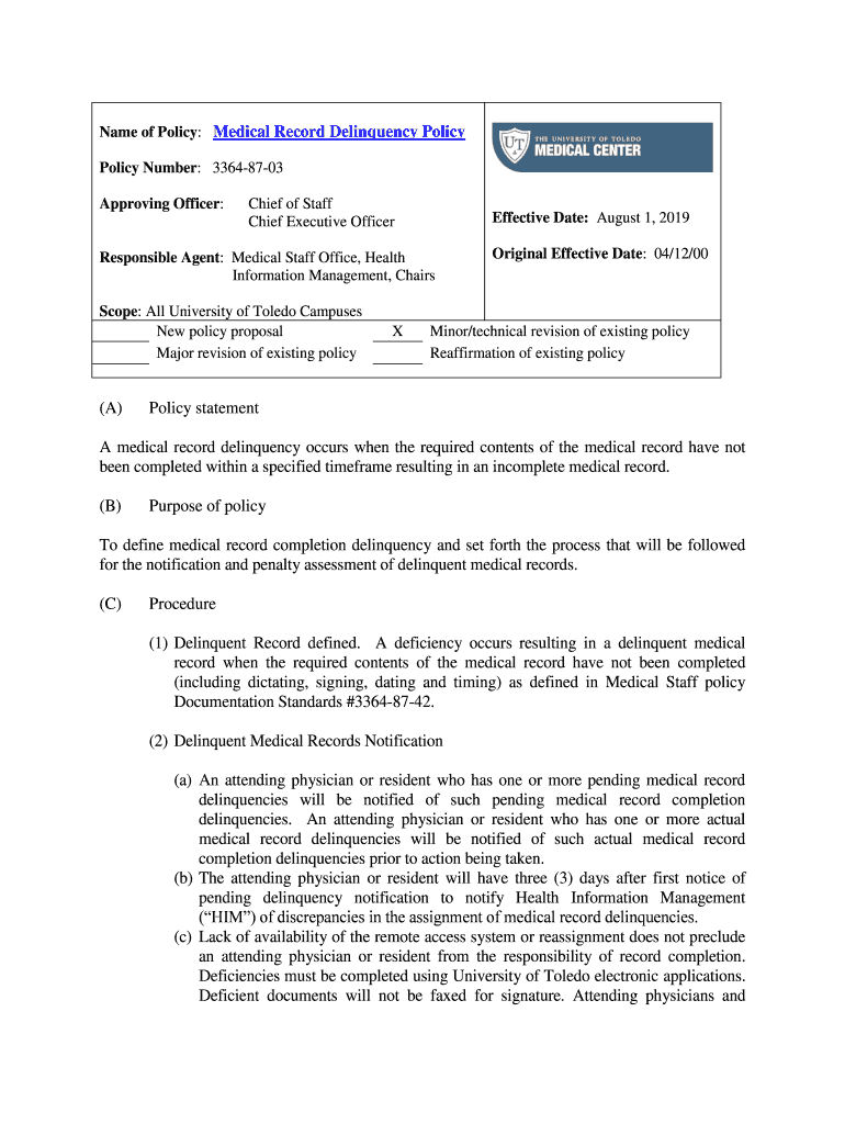 Fillable Online Name of Policy: Medical Record Delinquency Policy Fax ...
