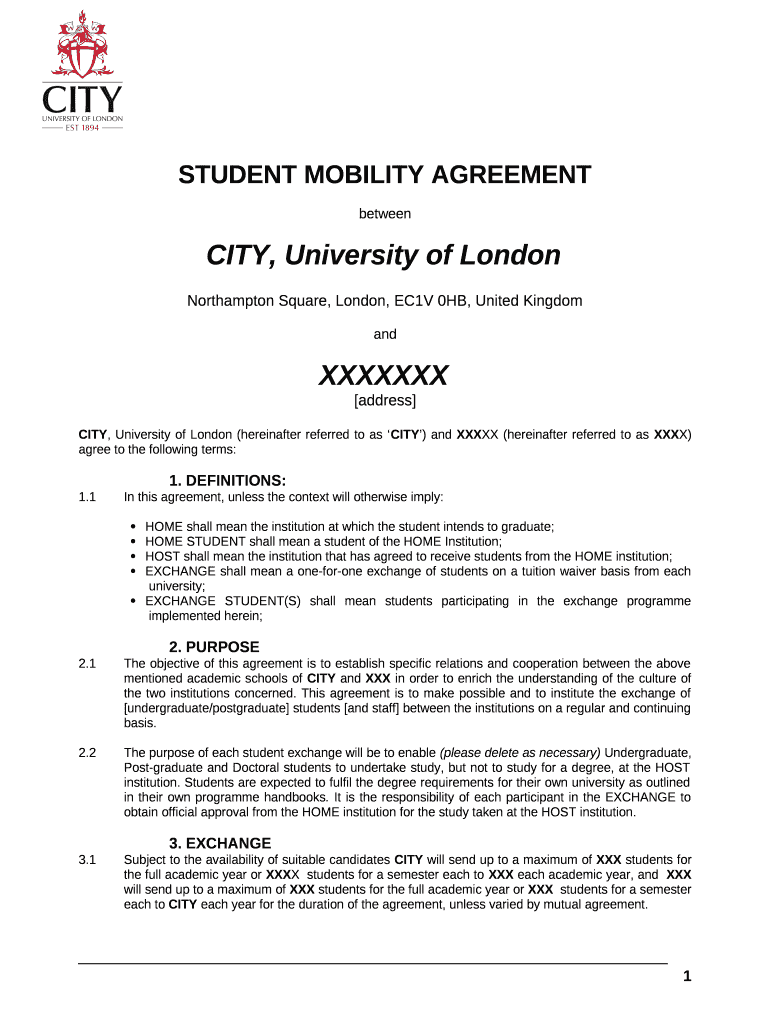 Student Exchange Agreement - City, University of London Doc Template | pdfFiller