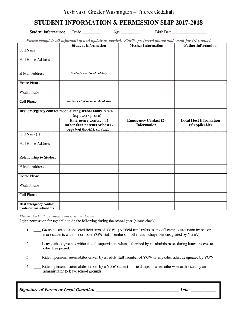 Fillable Online THE YESHIVA OF GREATER WASHINGTON Fax Email Print ...