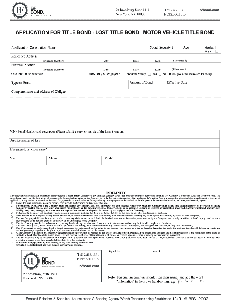 Fillable Online Title Bond Lost Title Bond Motor Vehicle Title Bond Fax ...