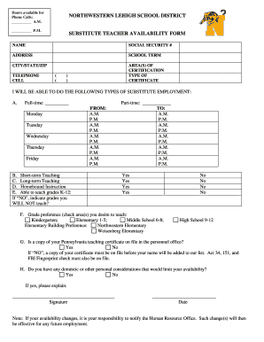 Fillable Online SUB TEACHER AVAILABILITY FORM Fax Email Print - pdfFiller