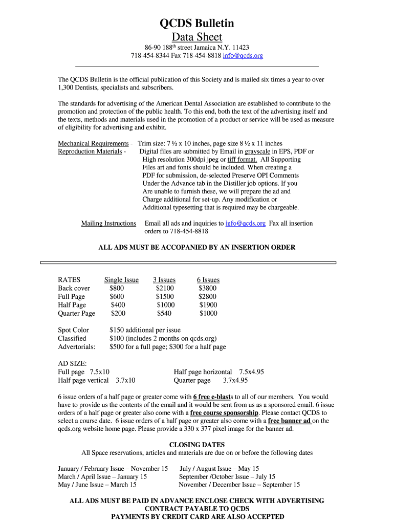 Fillable Online QCDS Bulletin Data Sheet Fax Email Print - pdfFiller