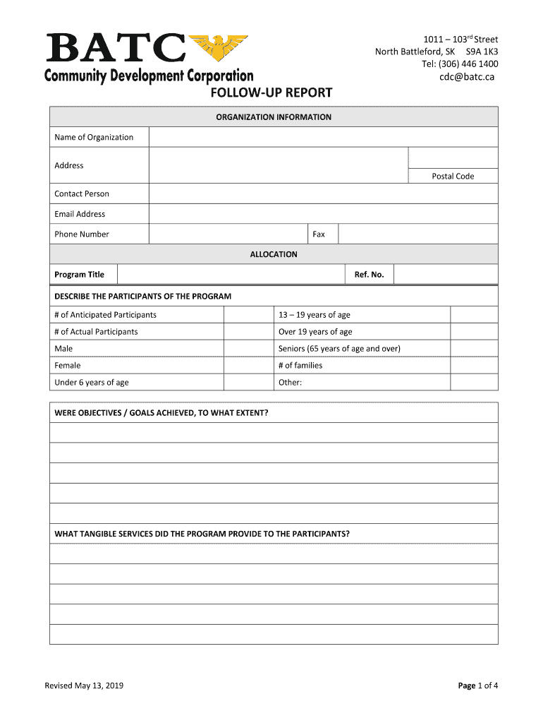 Fillable Online cdcbatc.ca FOLLOW-UP REPORT Fax Email Print - pdfFiller