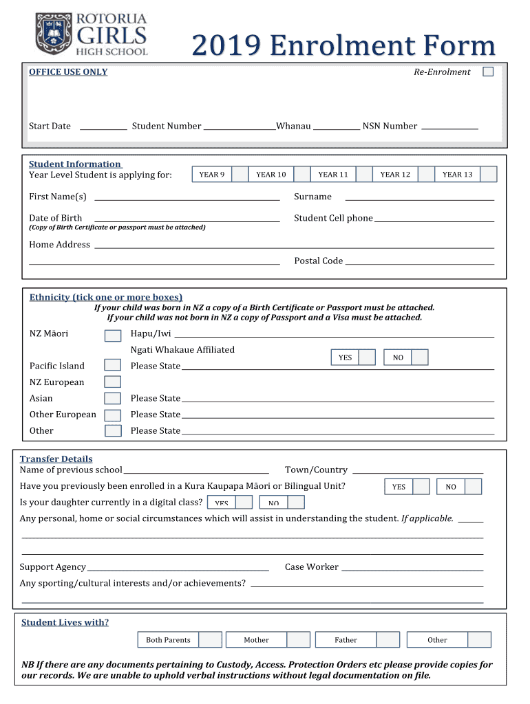 Fillable Online 2019 Enrolment Form - rghs.school.nz Fax Email Print ...