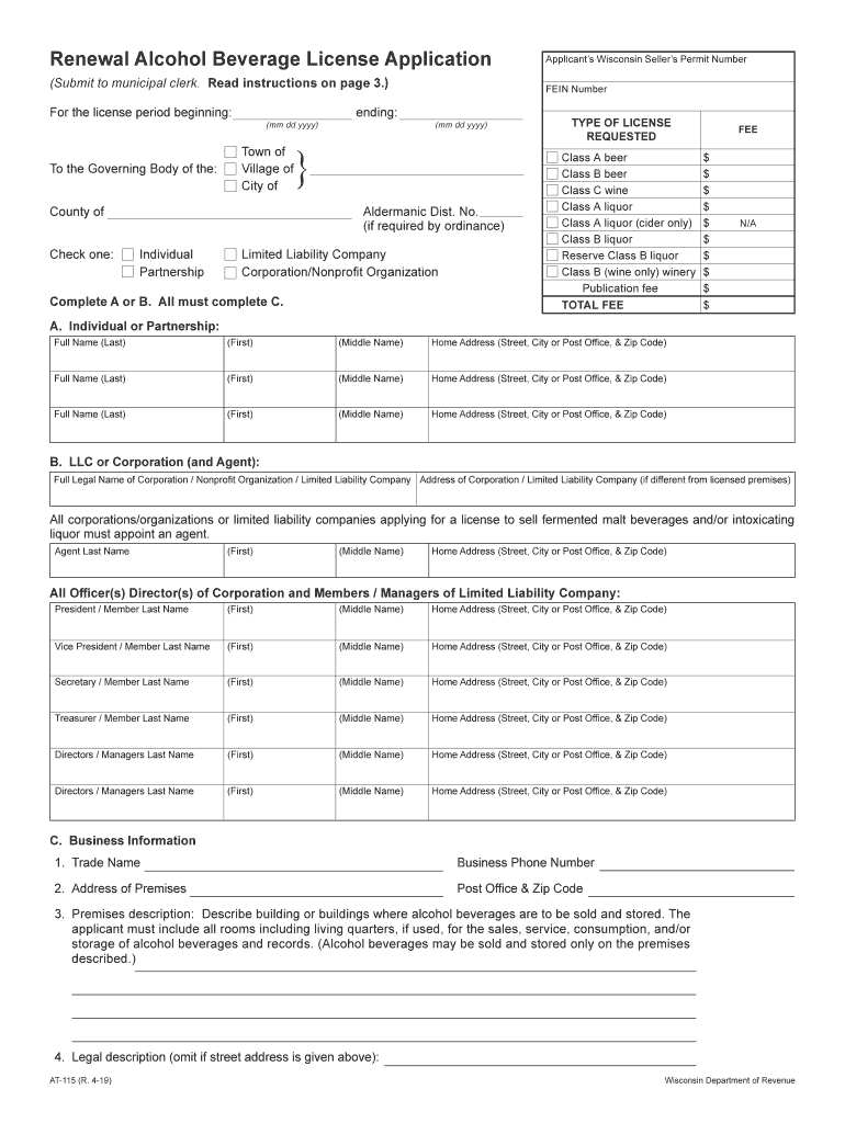 Fillable Online April 2019 AT-115 Renewal Alcohol Beverage License ...