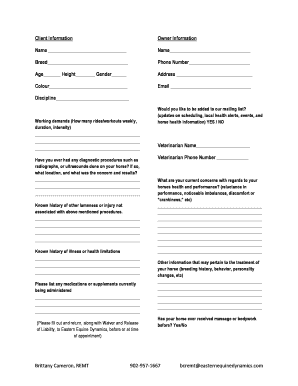 Fillable Online Equine Client Intake Form - Eastern Equine Dynamics Fax ...