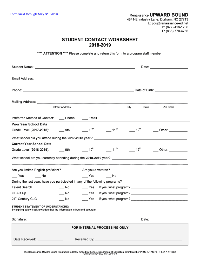 Fillable Online UPWARD BOUND Student Contact Worksheet 2018-2019 (final rev 01-2019).doc Fax ...