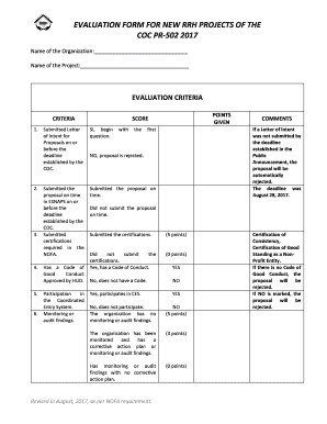 Fillable Online EVALUATION FORM FOR NEW RRH PROJECTS OF THE COC PR Fax ...