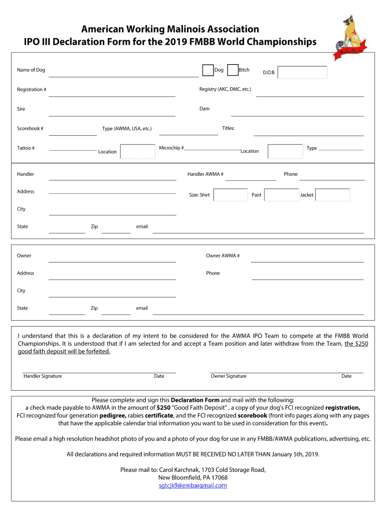 Fillable Online American Working Malinois Association IPO III ...