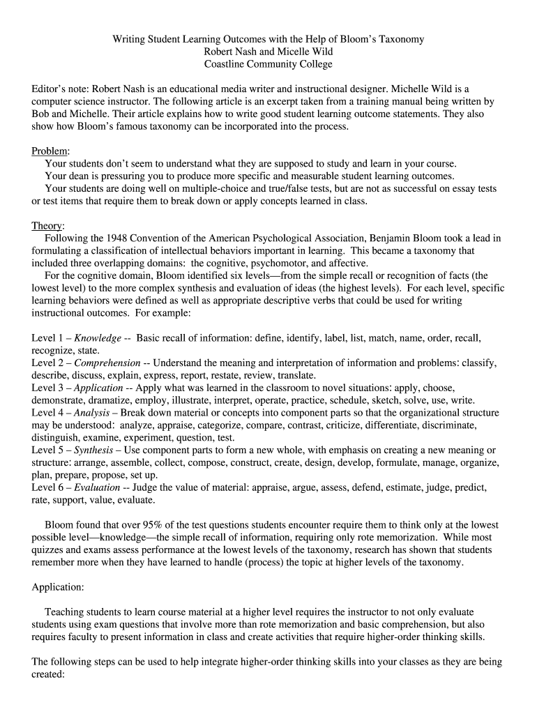 Fillable Online ouwwwdev selu Writing Student Learning Outcomes with ...