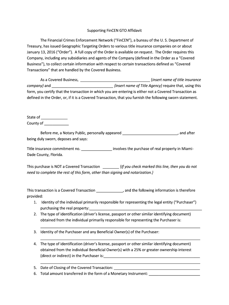 Fillable Online GEOGRAPHIC TARGETING ORDER The Director of ... - FinCEN ...
