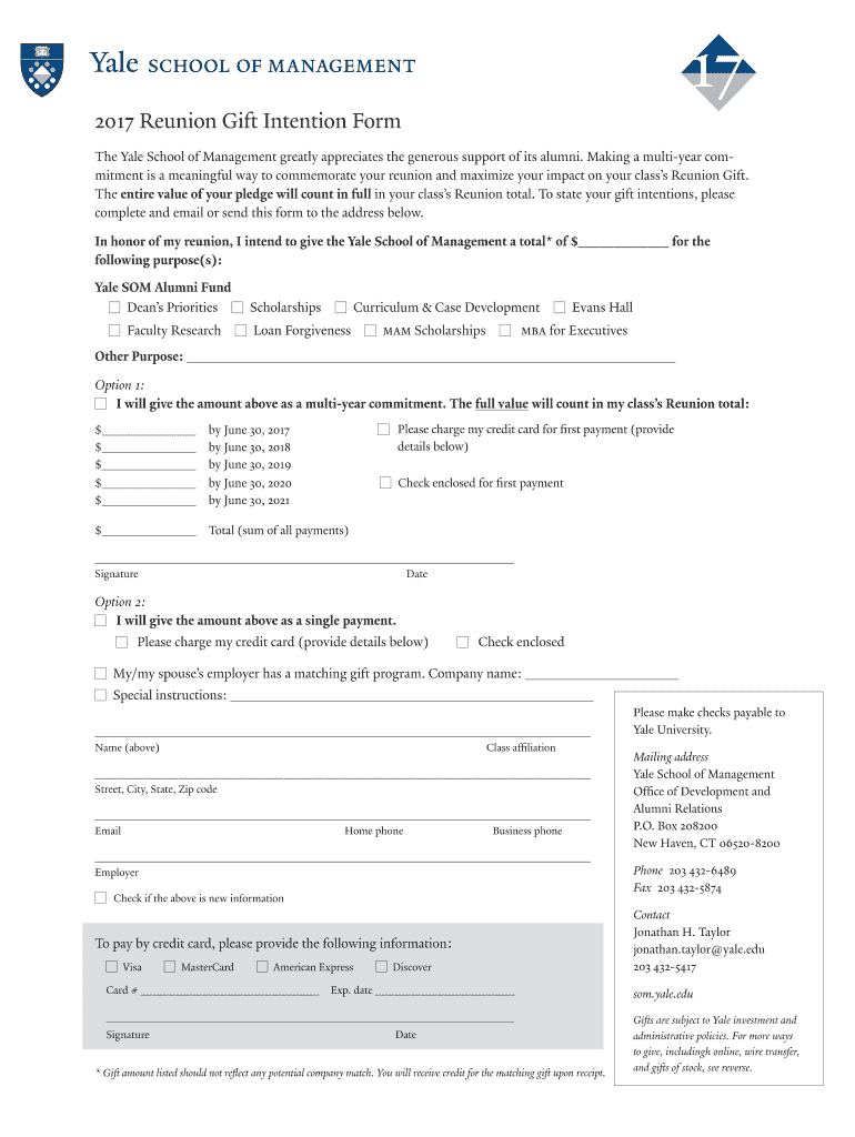 Fillable Online 2017 Reunion Gift Intention Form - Yale School of ...