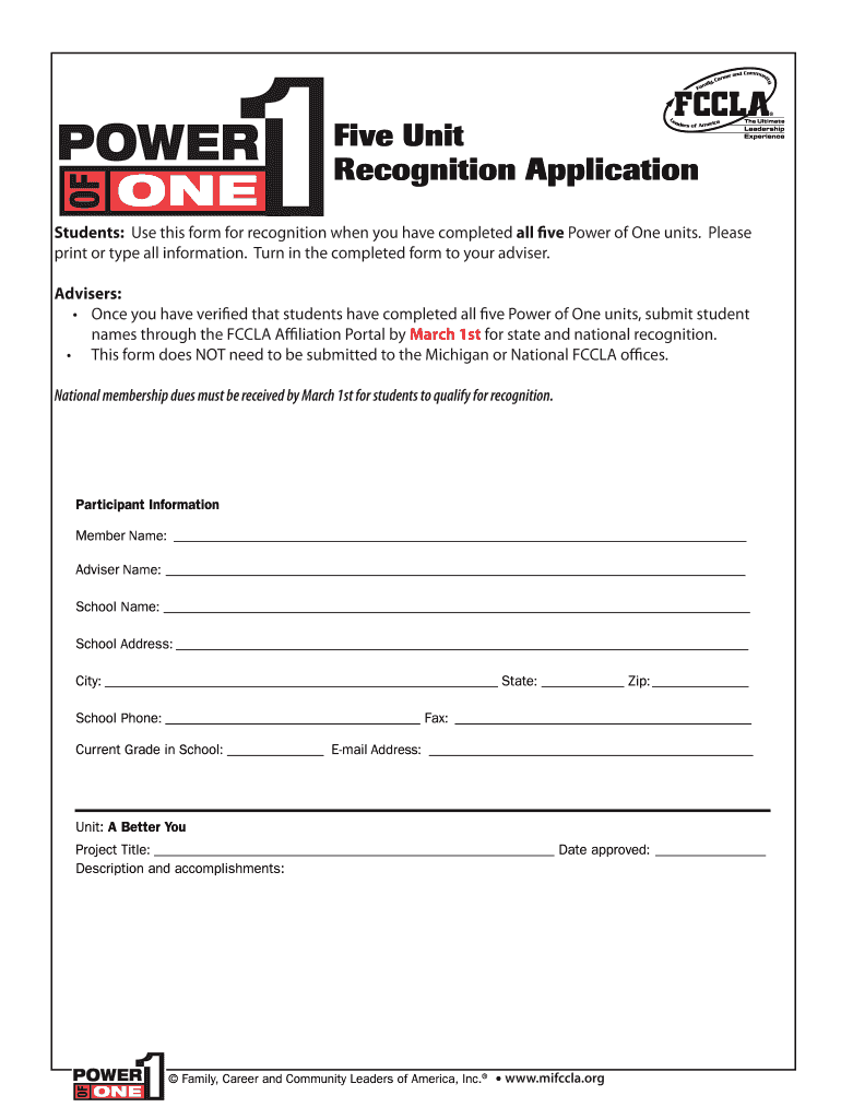 Fillable Online Five Unit Recognition Application - Michigan FCCLA Fax ...