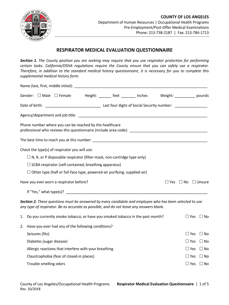 Fillable Online Respirator Medical Evaluation Questionnaire 092718 ...