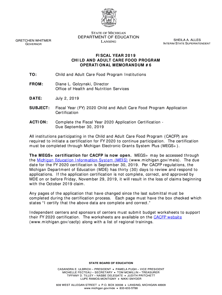 Fillable Online CACFP FY20 Memo#6-CACFP Application Certification Fax ...