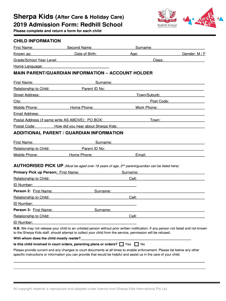 Fillable Online Sherpa Kids After Care & Holiday Care) 2019 Admission ...