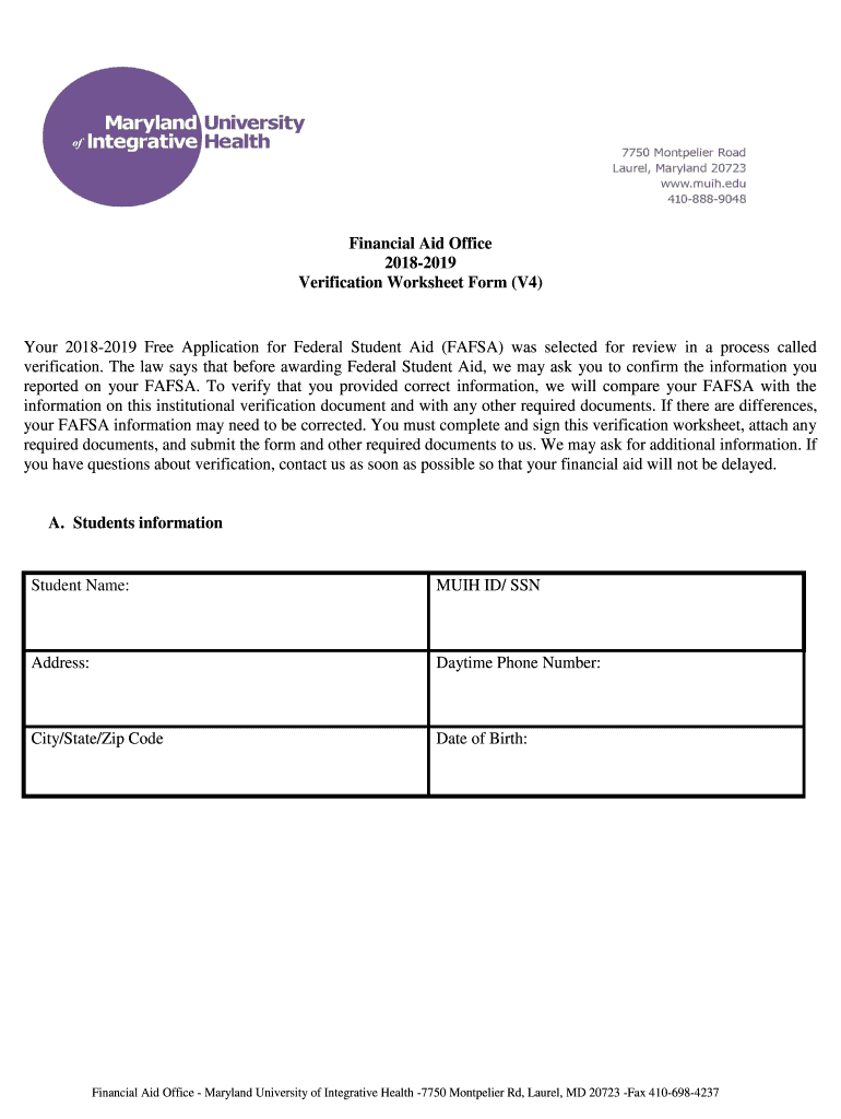 Fillable Online Office of Student Financial Aid V4 VERIFICATION ...