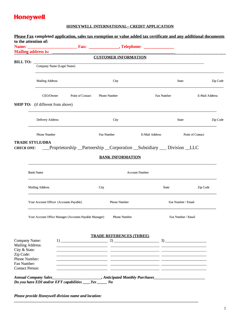 Honeywell International Credit Application Doc Template | pdfFiller