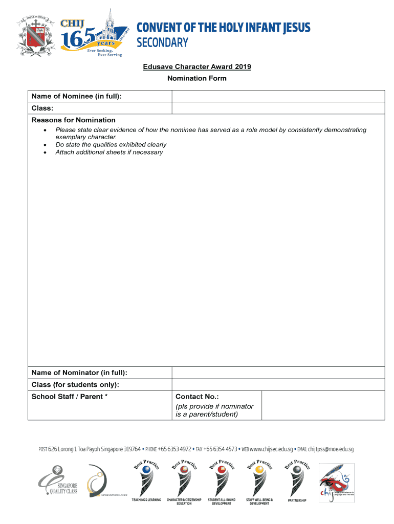 Fillable Online Self-Nomination for MOE Edusave CHaracter Award - Form ...