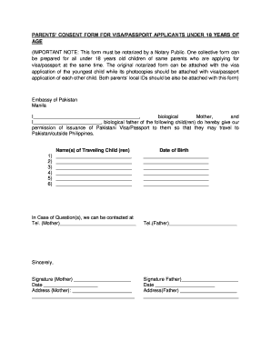 Fillable Online PARENTS CONSENT FORM FOR VISA/PASSPORT APPLICANTS UNDER ...